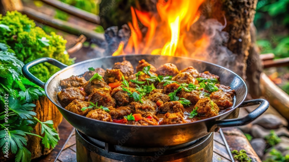 Savory beef pakoda sizzles in a pot on a rustic stove, celebrating Eid ...