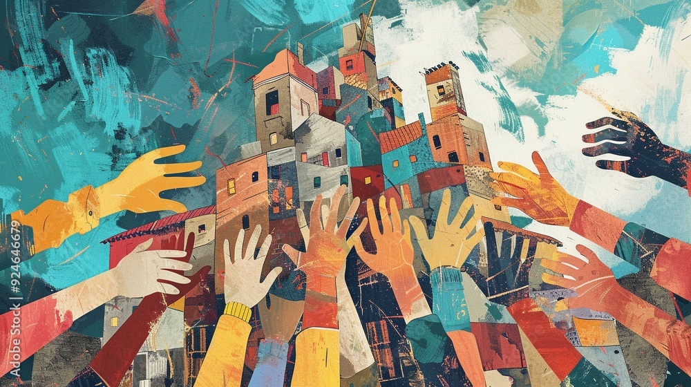 An illustration of diverse hands holding up a crumbling building ...