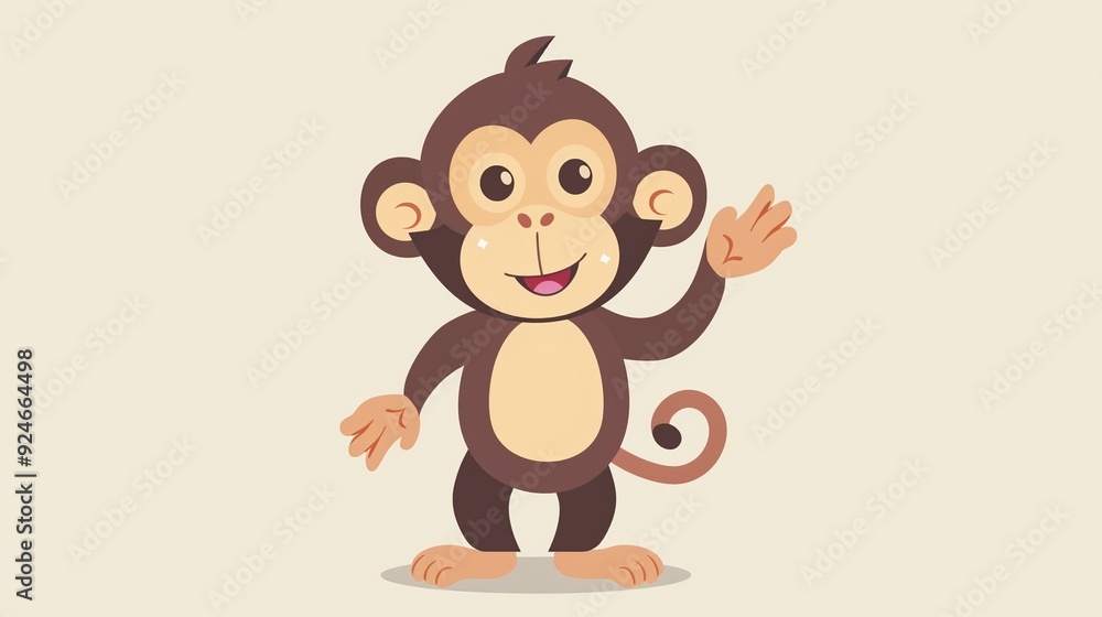 Playful monkey standing and waving clipart, simple cartoon 2D, flat art ...