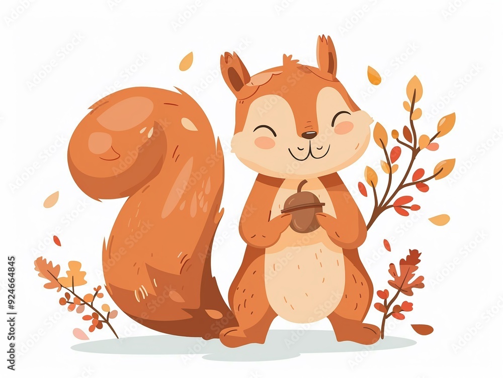 Cute squirrel standing with acorn clipart, simple cartoon 2D, flat art ...