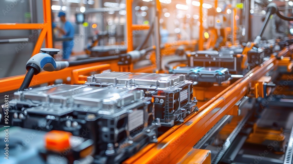 A modern assembly line featuring battery packs for electric vehicles ...