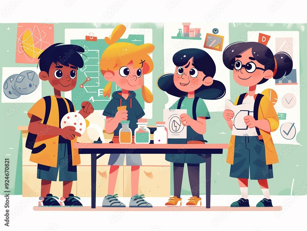 Kids participating in a science fair clipart, flat art, project display ...