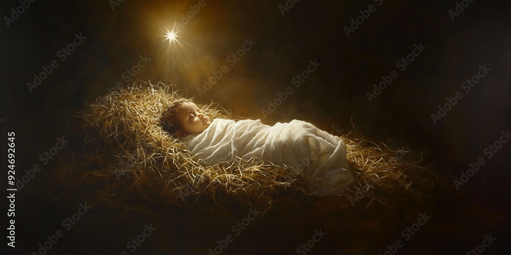 Nativity scene: newborn baby jesus christ in manger on hay. Christian ...