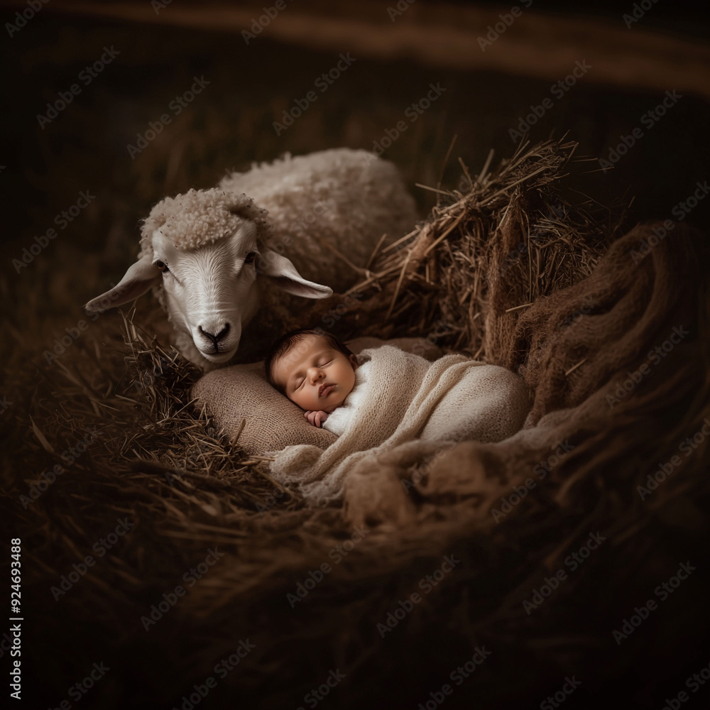 Nativity scene: newborn baby jesus christ in manger on hay, lamb nearby ...