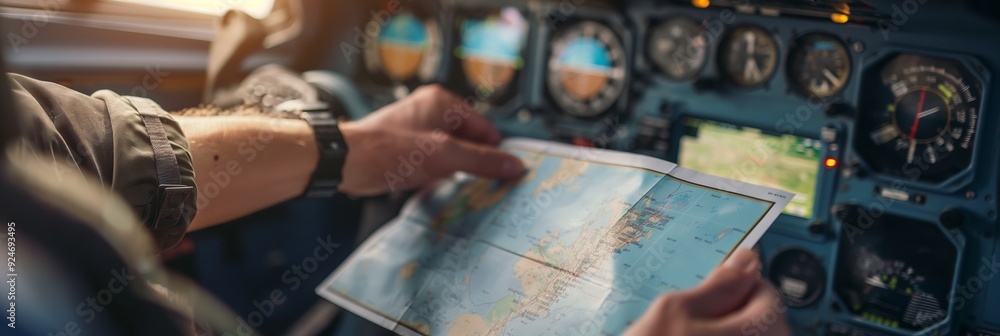A pilot's hands holding a map in an aircraft cockpit filled with ...