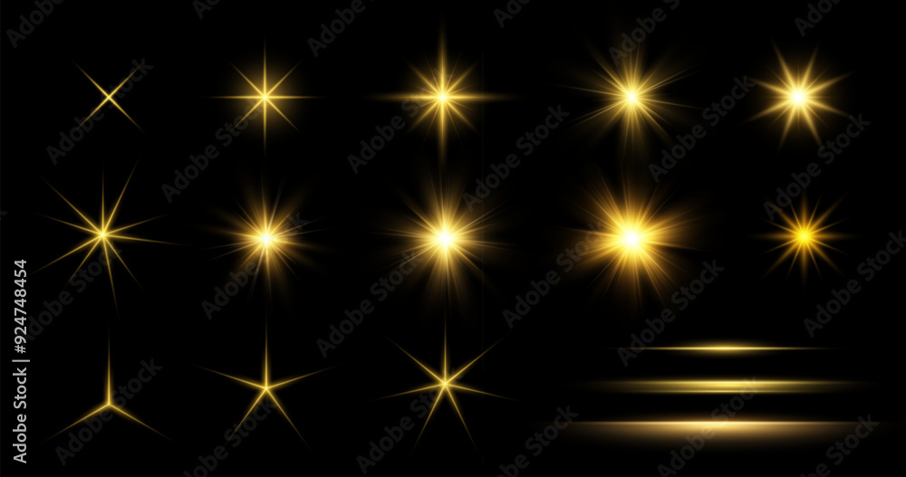 Gold Glow lighting Star. Collection of different light effects on black ...
