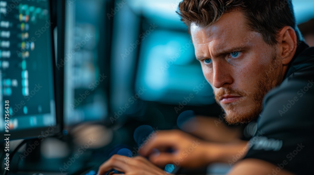 Focused gamer intensely playing on multiple monitors, showcasing ...