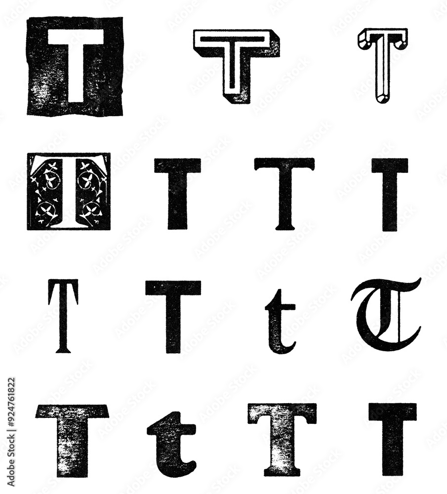 Letter T typography set of characters in various styles with distressed ...