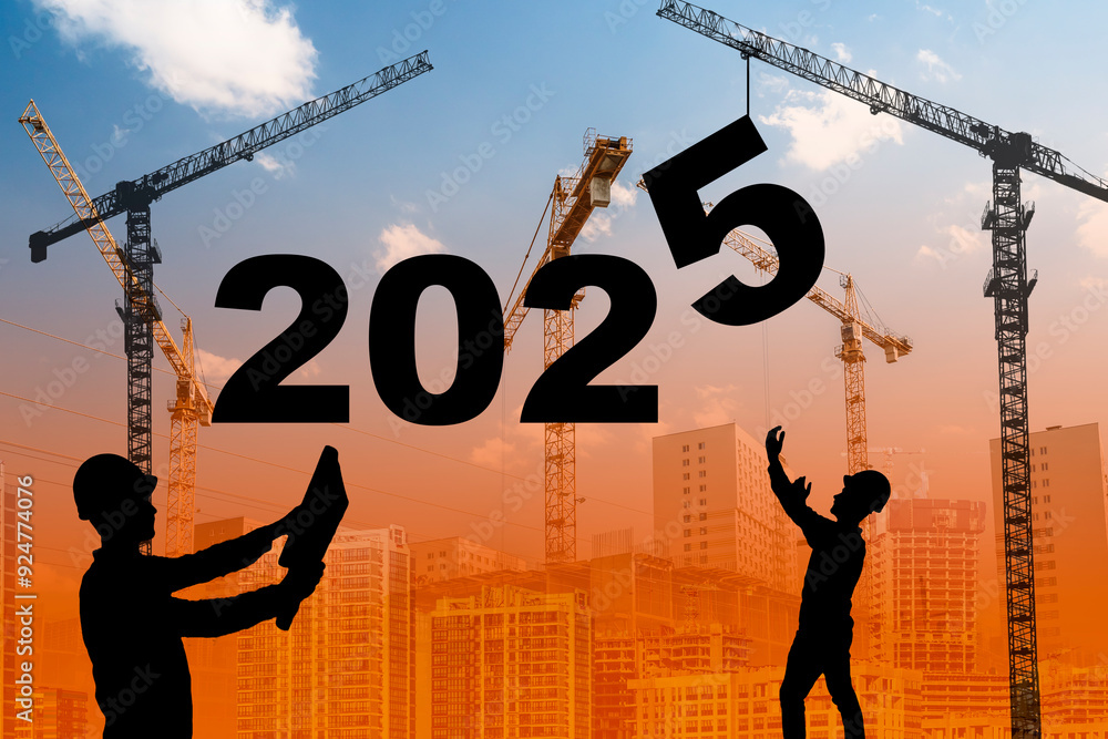 2025 year concept. Construction worker and crane on the backdrop of ...