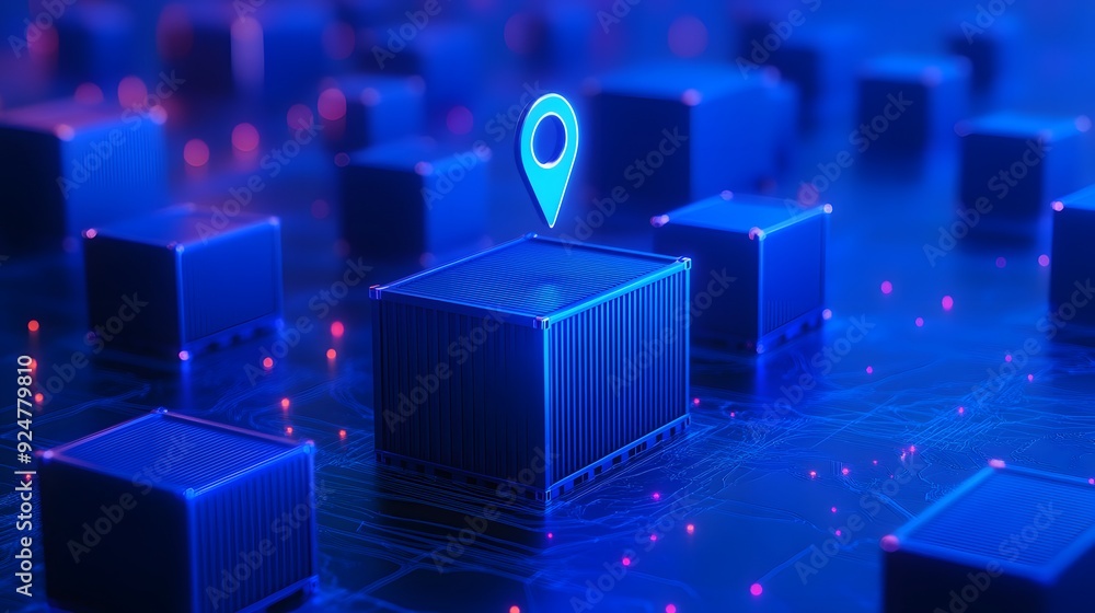 3D illustration of GPS navigation system with a location pin on a digital grid. Concept of ...