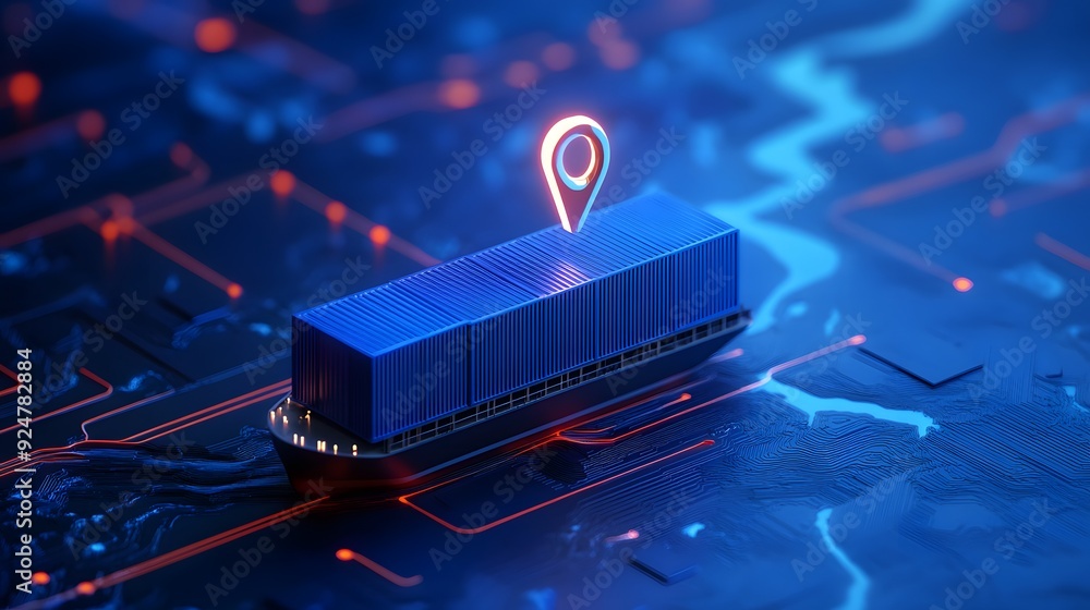 Blue freight container on digital circuit board with location pin ...