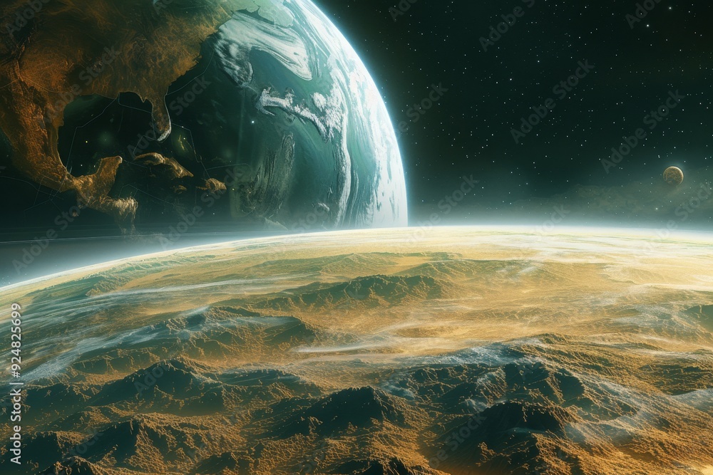 planet in the sky with clouds, terraforming project transforming barren ...