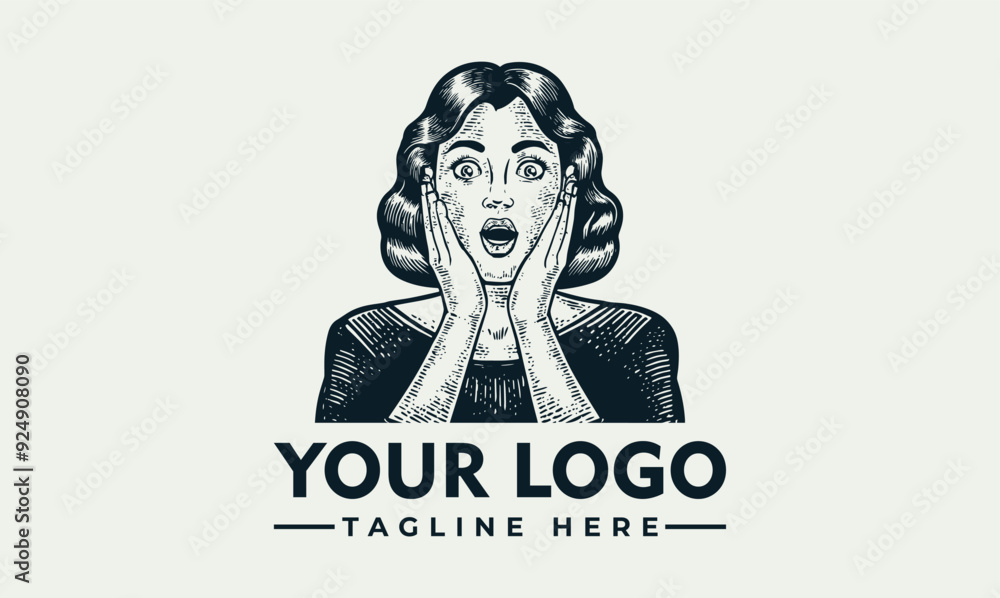 surprised woman expression with open mouth vector logo, wide eyes ...