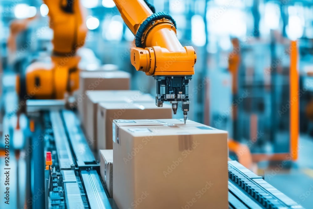 Automated robotic arm in warehouse factory handling cardboard boxes on ...