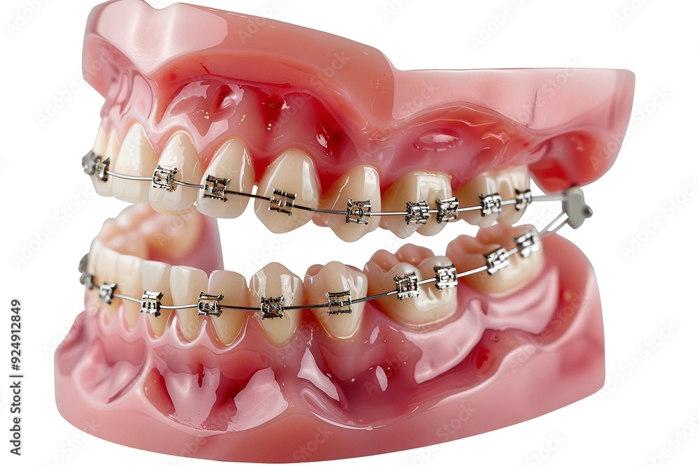 A detailed lifelike model of teeth fitted with orthodontic braces ...