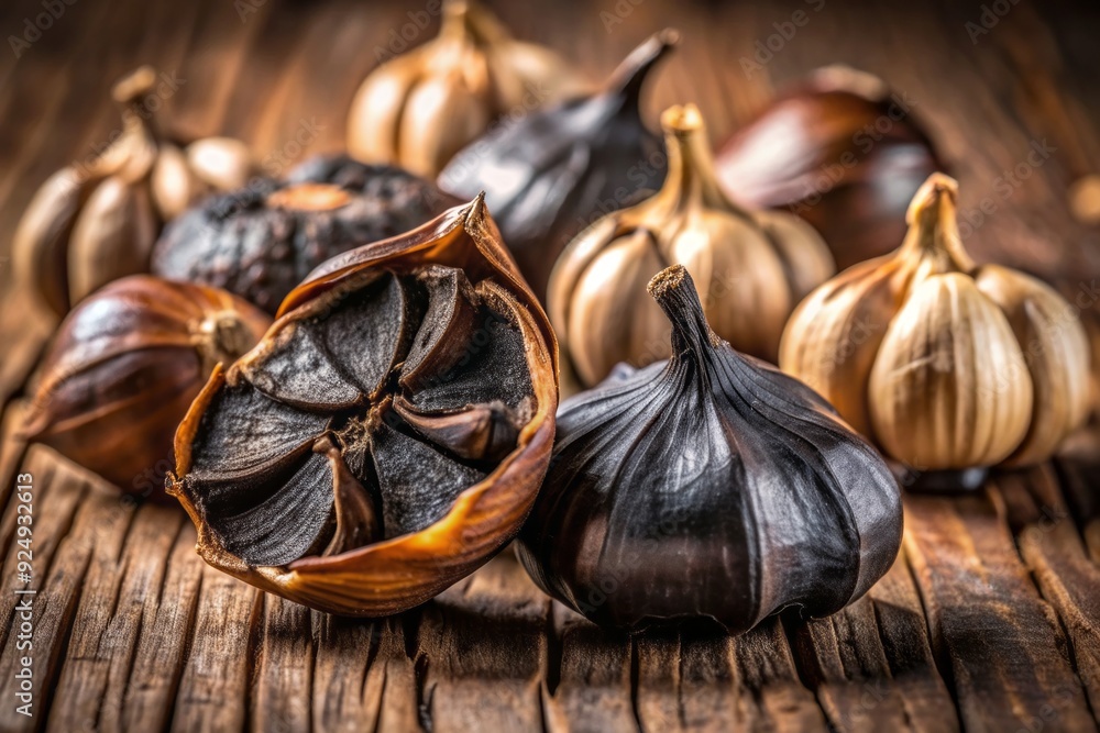 Dark, caramel-like black garlic cloves with sticky texture, arranged on ...