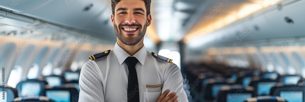 A joyful airline pilot in a sharp uniform standing confidently in the ...