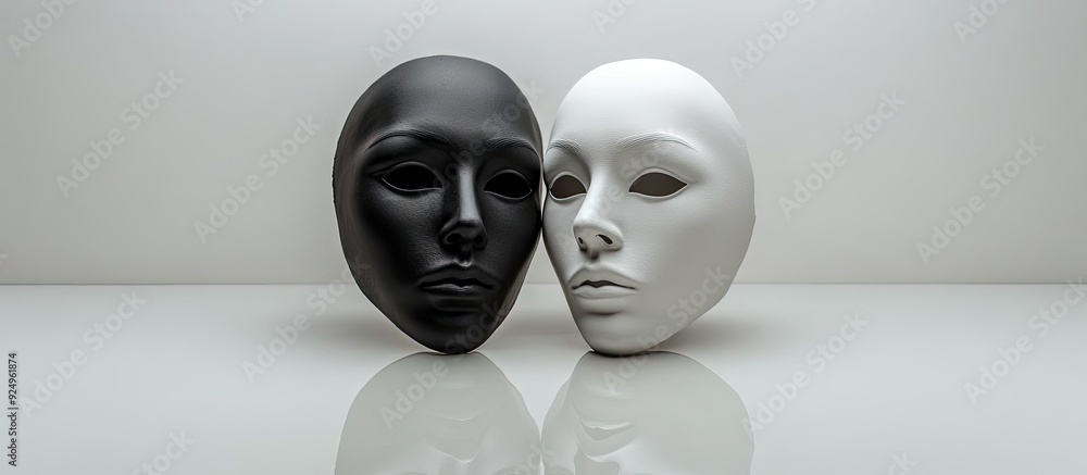 Black and white masks merged on a white reflective background captured ...