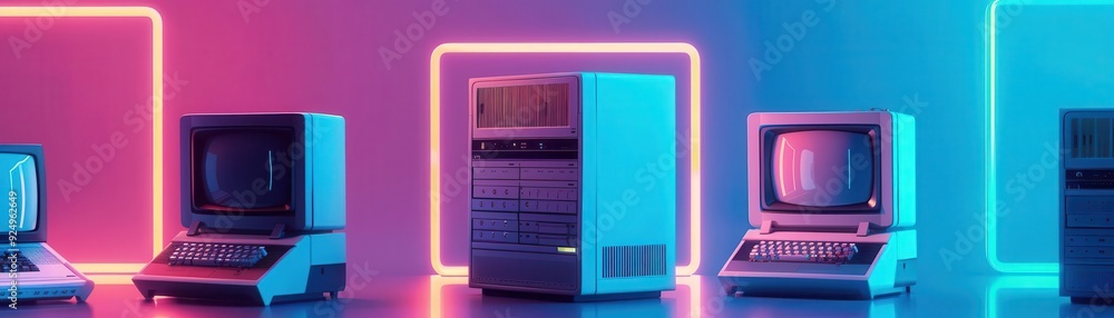 Vintage computers surrounded by neon lights, side view, showcases the ...