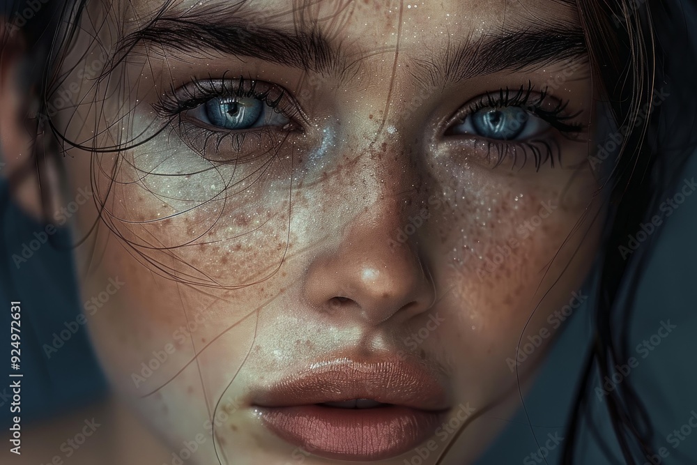 Digital art portrait of a woman with blue eyes and freckles covering ...