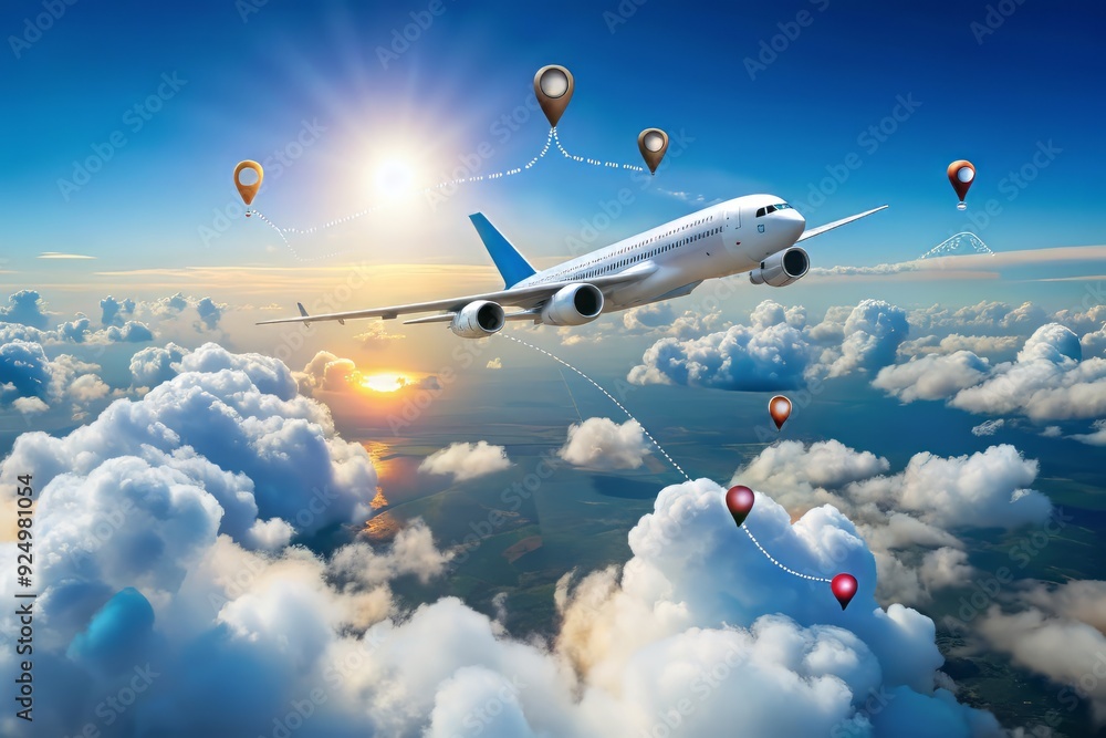 Airplane soars above a world map marked with location pins, symbolizing ...