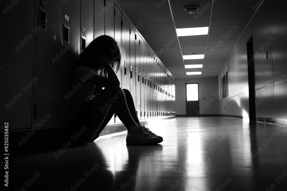 Black and white image of a sad and depressed teenage student sitting on ...