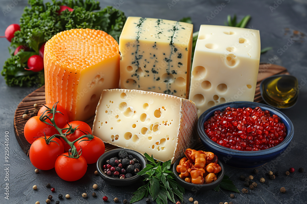 Colorful different cheeses on a white table, in a high resolution photo ...