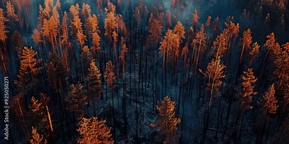 Aerial view of a charred forest landscape after a fire showing burnt ...