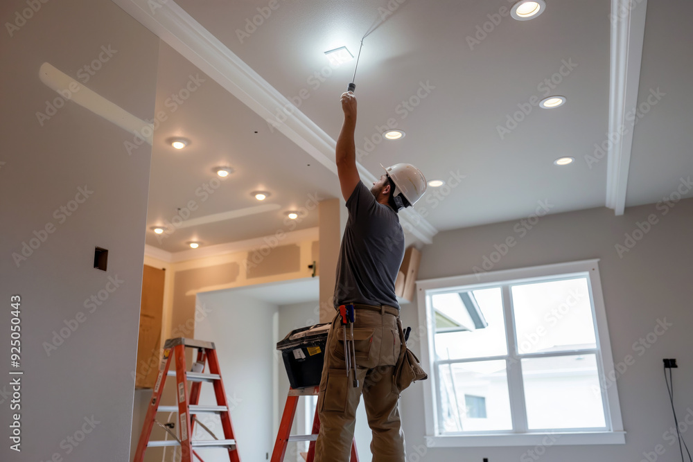 Electrician installing a new light fixture on the ceiling, with a ...