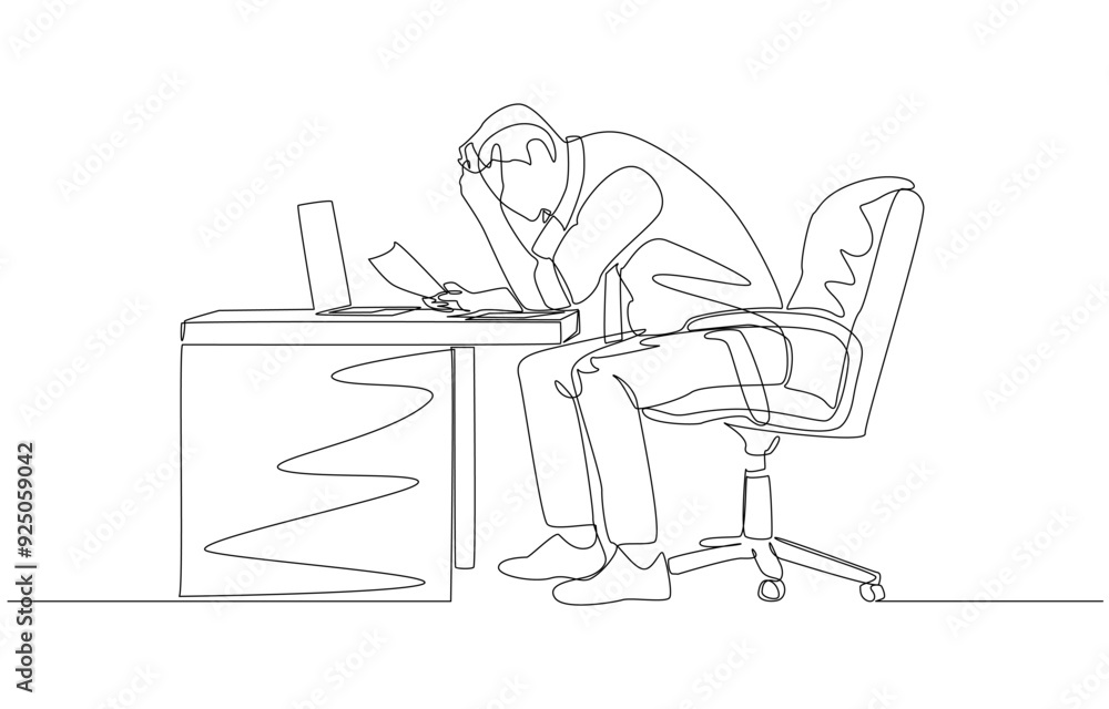 Continuous one line drawing of stressed businessman with rising company ...