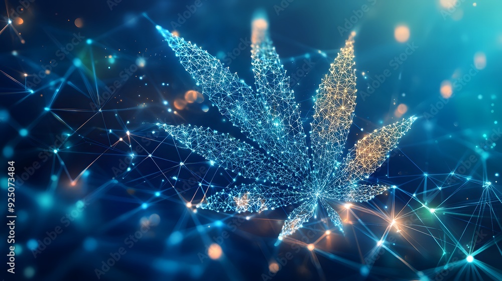 Marijuana leaves on a technology background, close up top view on ...