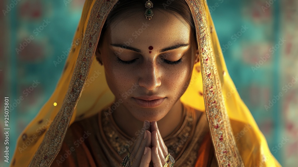 A Sikh woman in traditional attire closes her eyes and bows her head in ...