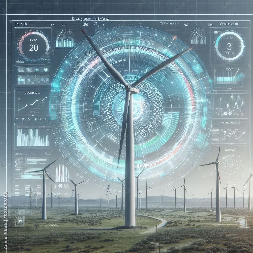 Modern wind turbine with a detailed energy data analytics dashboard in ...