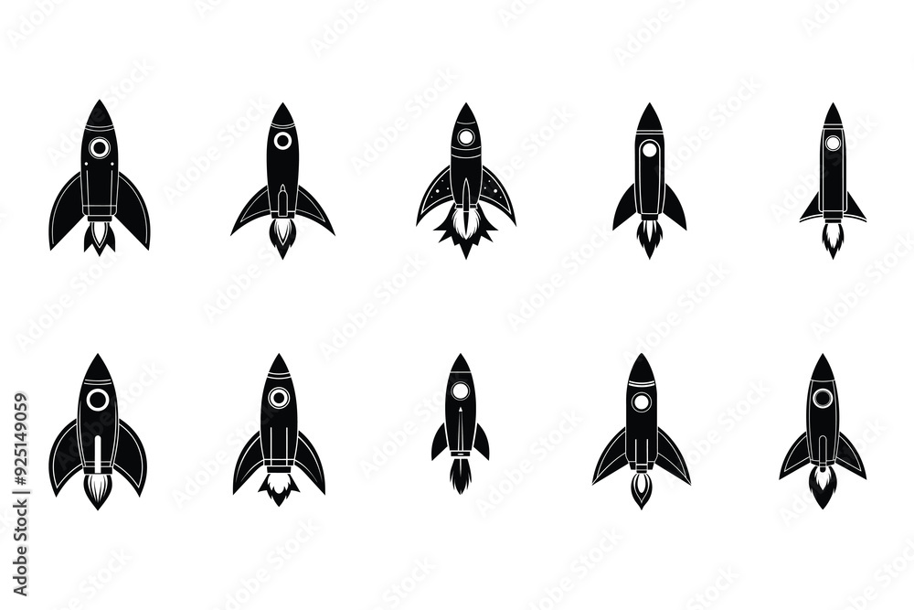 Rocket space silhouettes set, vector silhouette design, isolated white ...