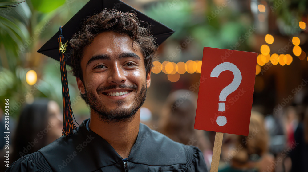 Smiling male college graduate dressed in a black cap and gown, holding ...