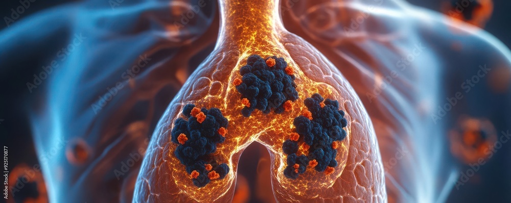 Close-up of a human lung with dark cancerous spots, detailed medical ...