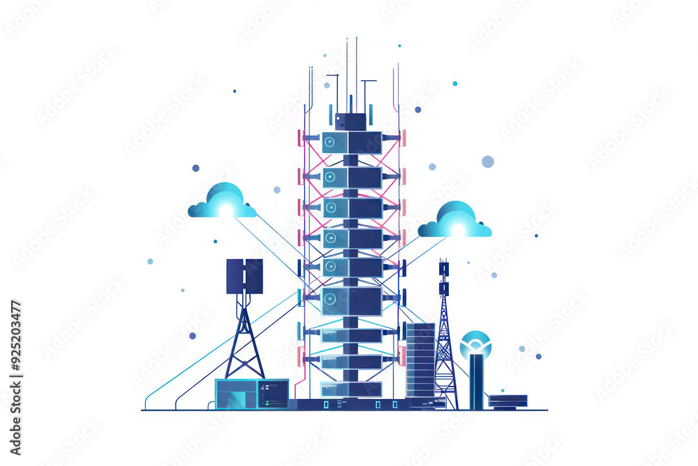 High-Resolution 2D Illustration of Modern Slim 5G Network Tower with ...