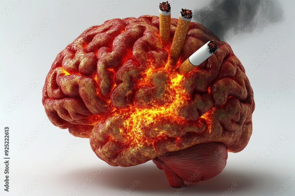 Rotten human brain with cigarettes sticking out, placed against a pure ...