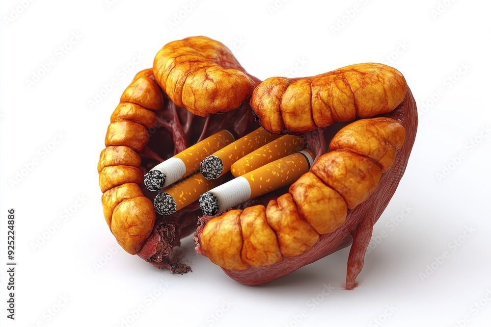 Rotten human stomach with cigarettes sticking out, placed against a ...