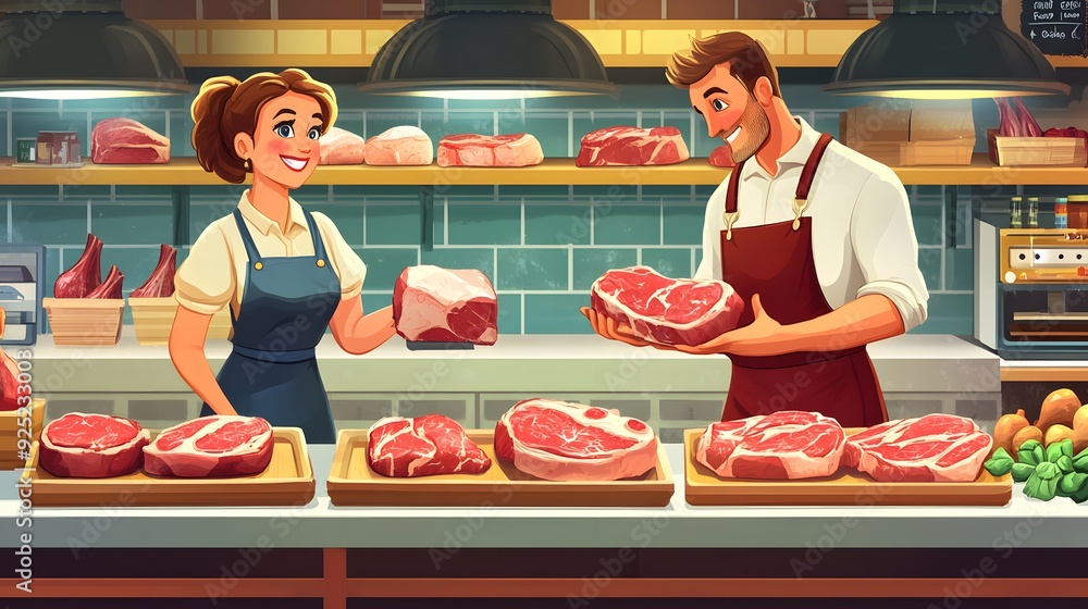 Meat counter in a butcher shop, with a smiling female and male butchers ...