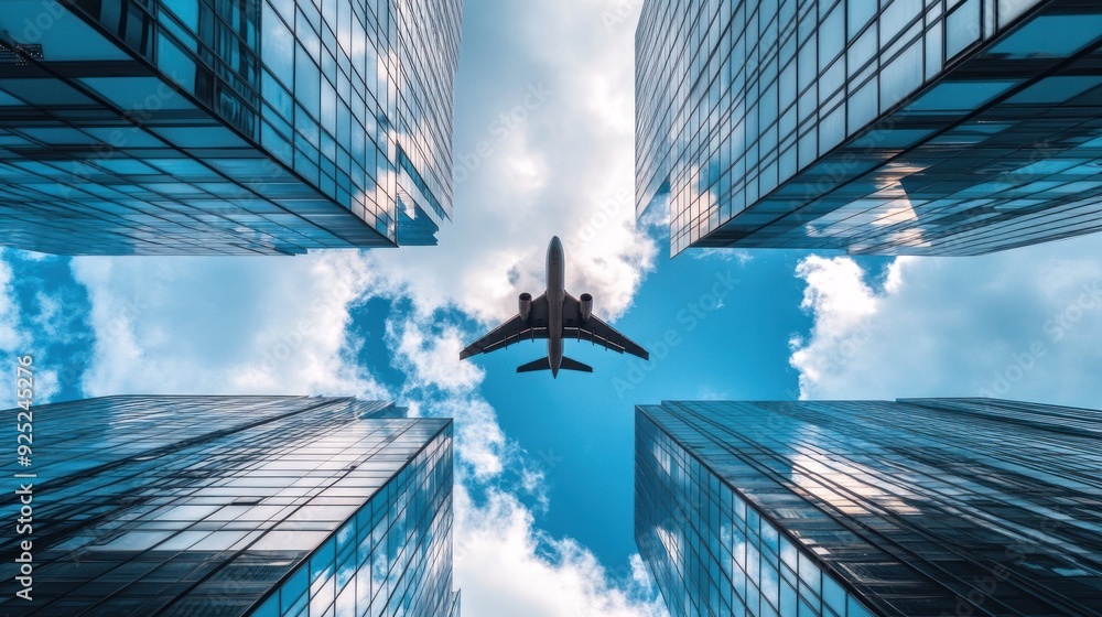 Airplane flying between high-rise glass buildings background. low angle ...