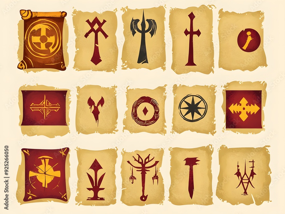 Collection of 18 unique symbols on old paper scrolls, perfect for ...