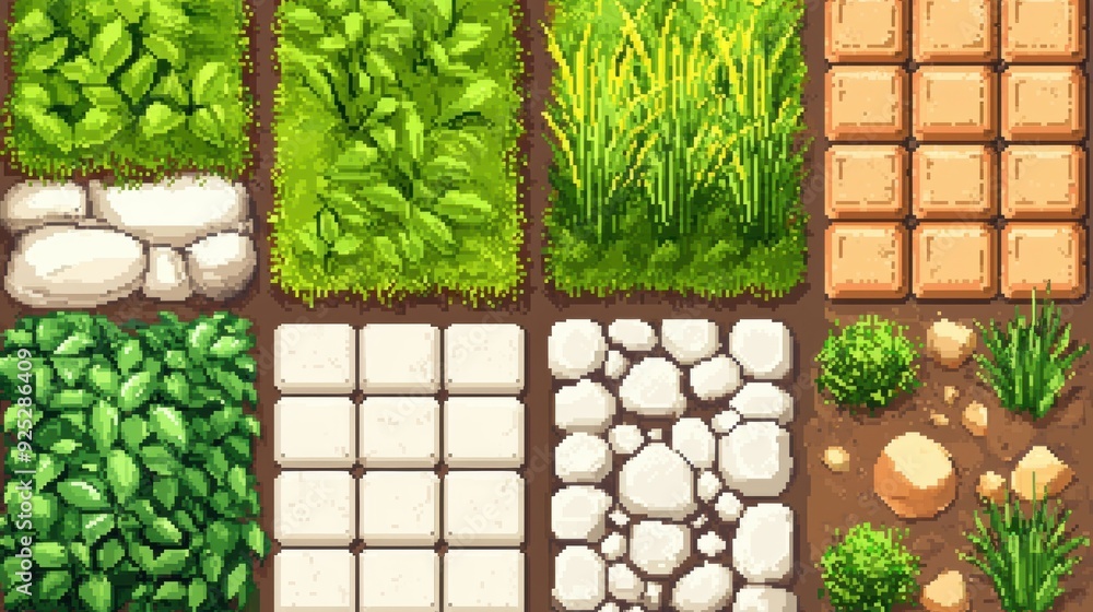 Colorful 8-bit grass and dirt tiles perfect for retro game design with ...