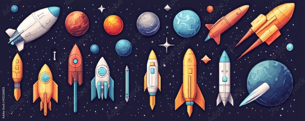 Set of vibrant 8-bit spaceship sprites designed in a pixelated style to ...