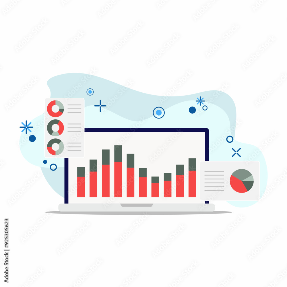 Laptop screen displaying various charts and graphs of bar charts, pie ...