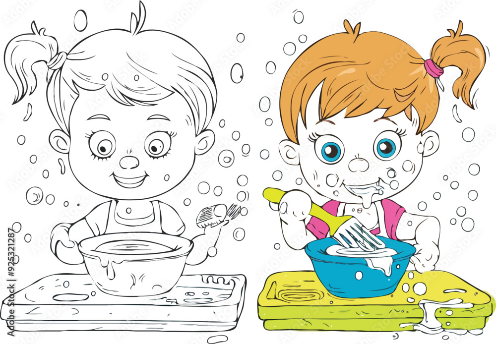 coloring page simple drawing of cartoon character clean up the house ...