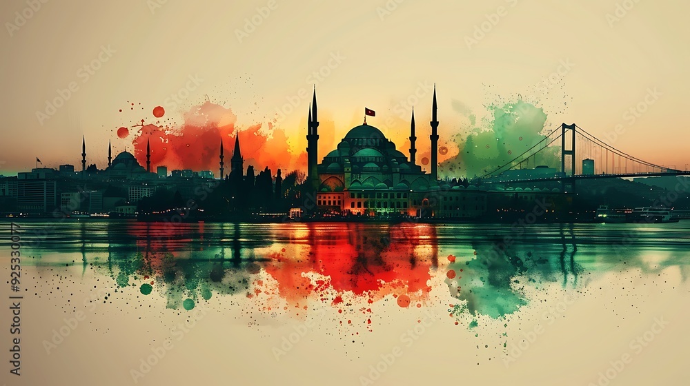 Paint a watercolor scene where the Turkish flag gently fades into the ...