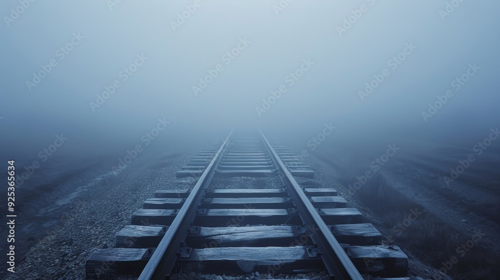 Railroad tracks fade into dense fog, creating an eerie and mysterious scene, as if the tracks ...