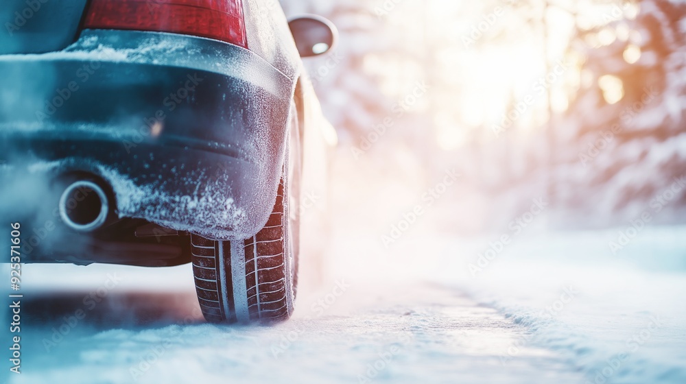 Car tire covered in fresh snow, driving in winter conditions with ...