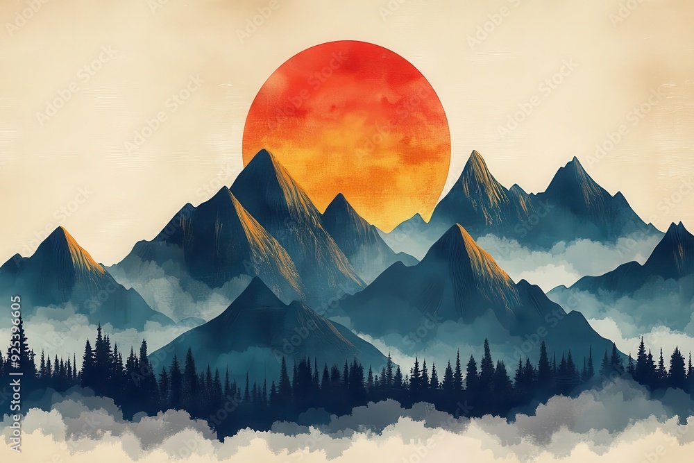 stylized 2d mountain landscape geometric shapes in bold colors layered ...